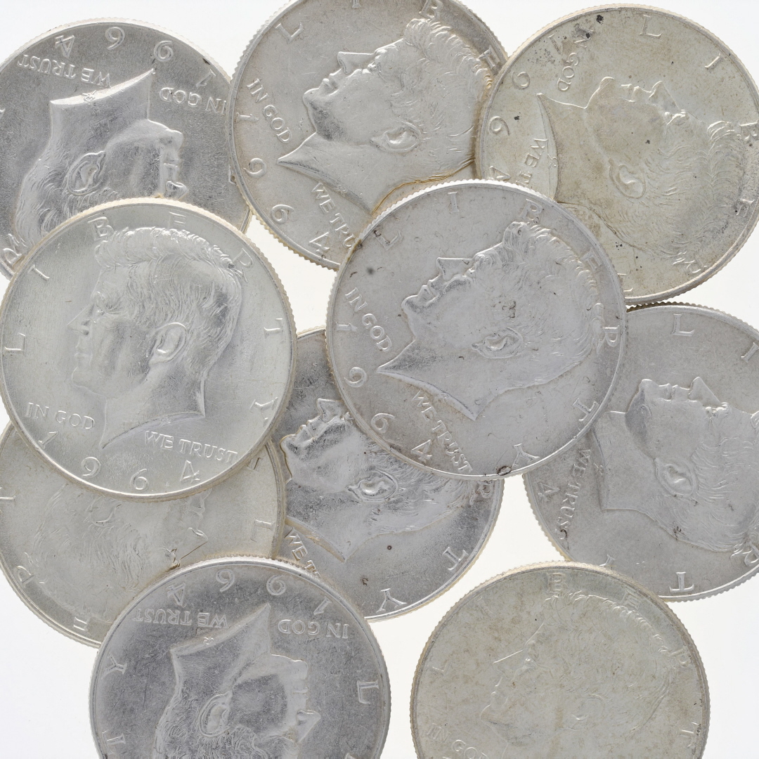 1964 Kennedy Silver Half Dollar 90% Fine Silver Coins Set of 10 U.S. Coins