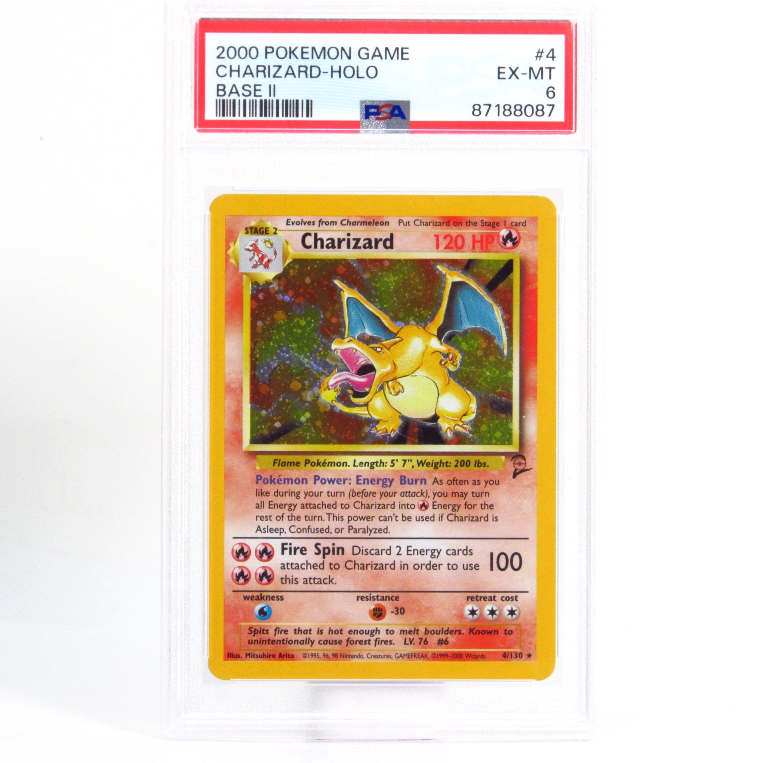 2000 Pokemon TCG Charizard Holo Base II PSA EX-MT Grade 6 Trading Card