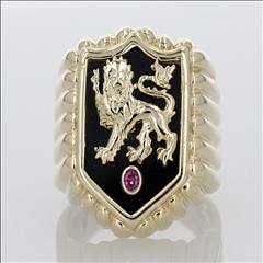Dyed Onyx and Ruby Lion of Judah Signet Men's Ring 10k Yellow Gold Size 11