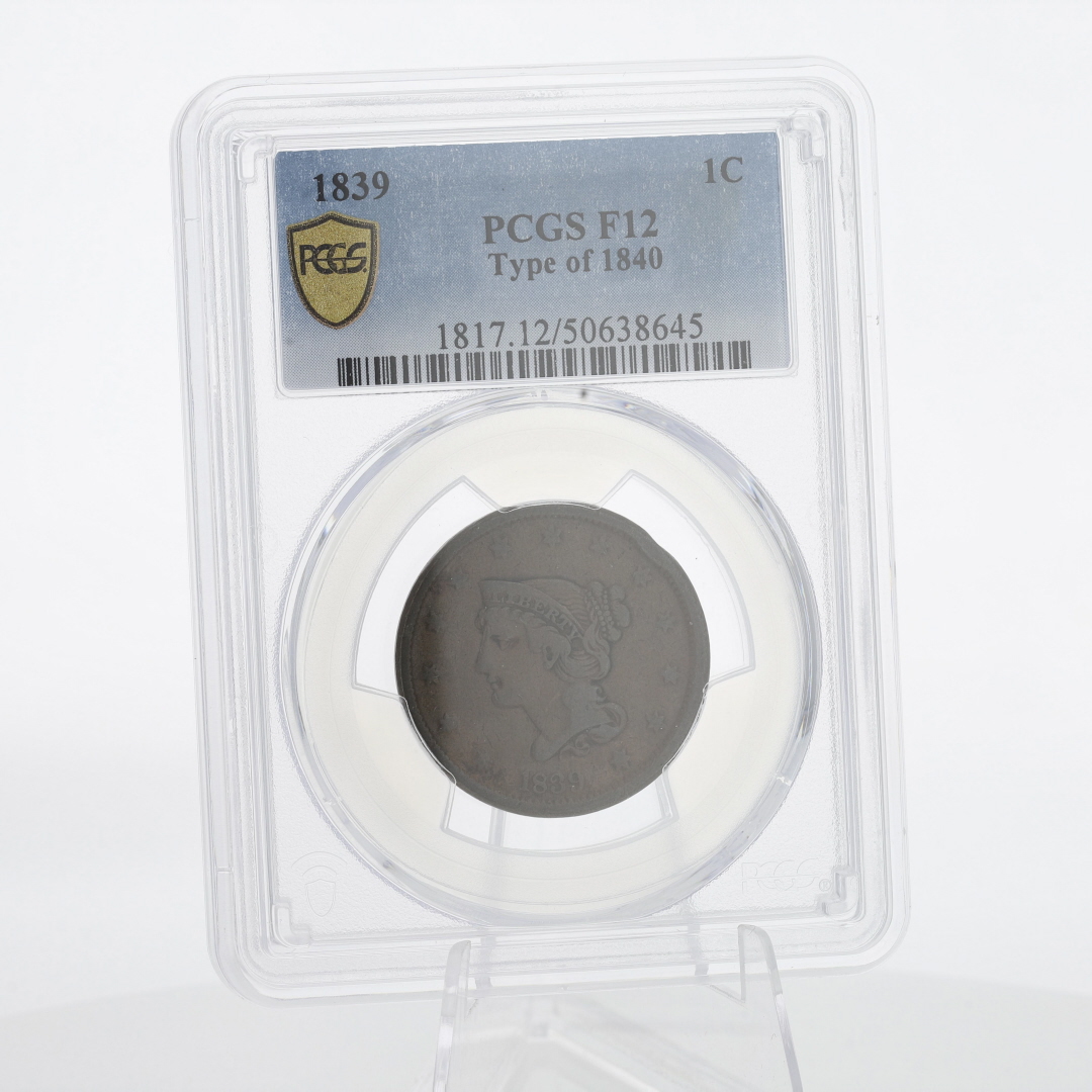 1839 1C Coronet Head Large Cent Type of 1840, BN PCGS F12 U.S. Coin