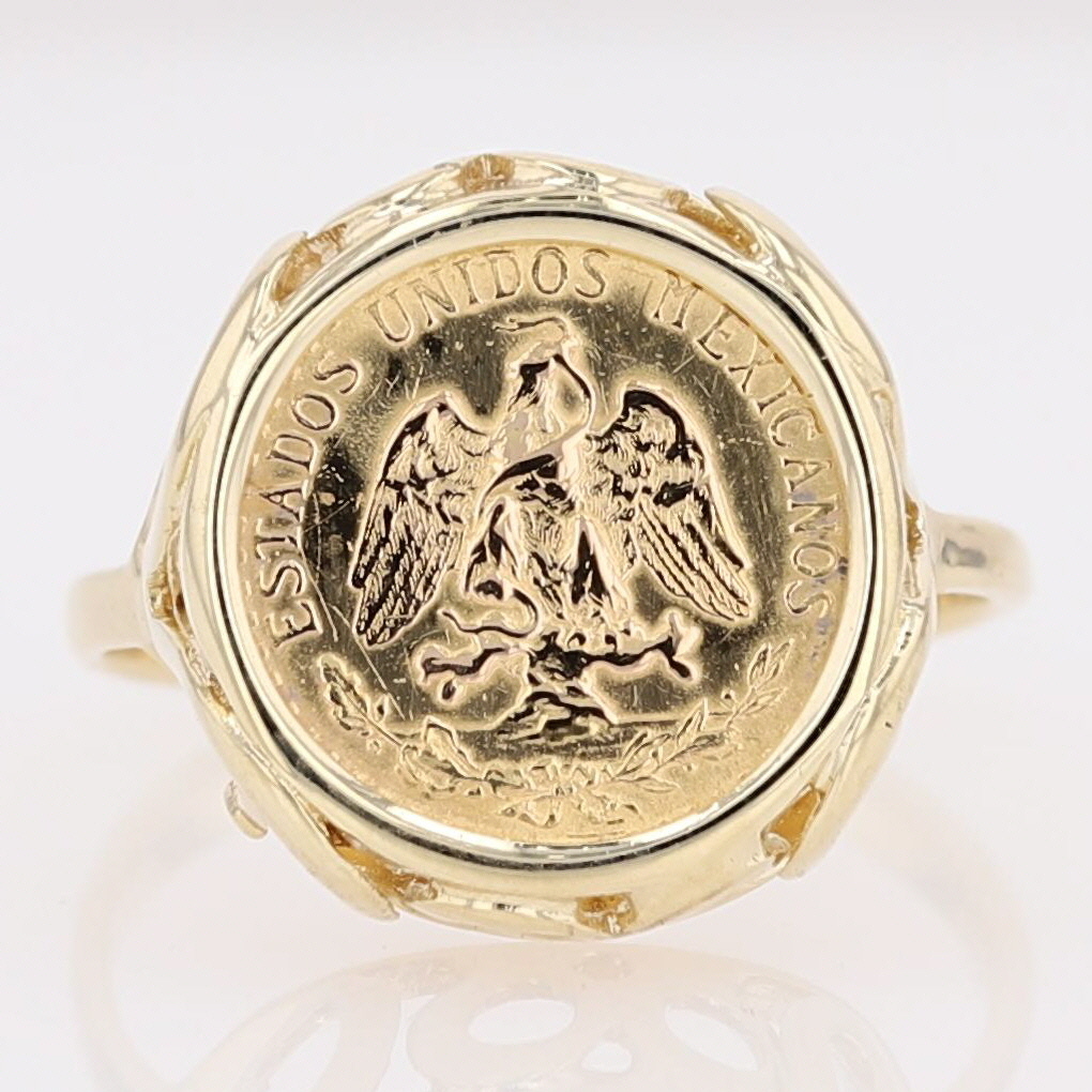 14.9mm Dos Pesos Mexican Coin Signet Statement Ring 14k Yellow Gold ...