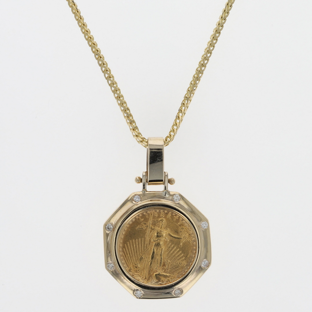 .10ctw Round Diamond Liberty $5 Coin Pendant on 16" Necklace 14k Yellow ...
