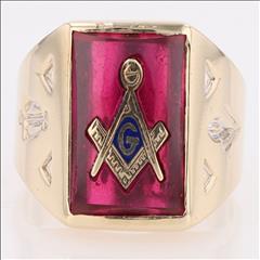 12.27mm Lab-Created Ruby Masonic Statement Band Ring 10k Yellow Gold Size 9