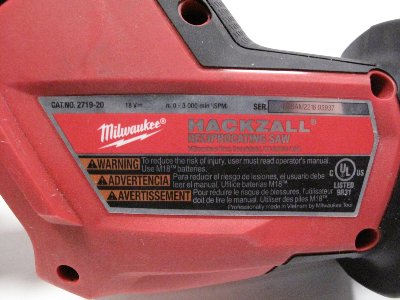 Milwaukee 2719-20 18V Hackzall Reciprocating Saw Bare Tool Only