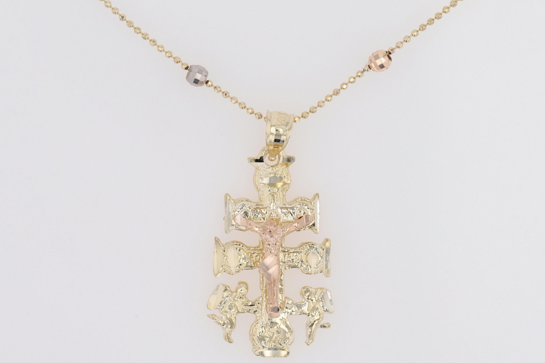 Caravaca Double Cross with Angels Pendant on 20.25" Necklace 14k Multi ...