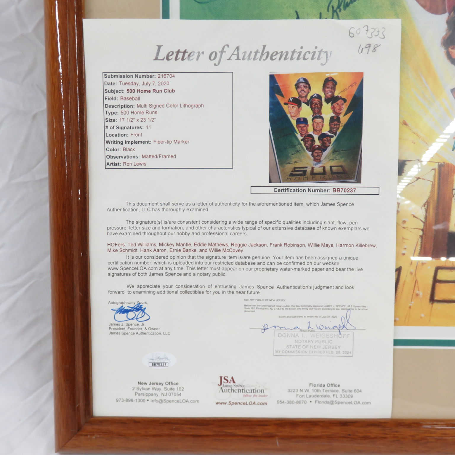 500 Home Run Club H.O.F. Multi Signed Color Lithograph in Frame - JSA COA