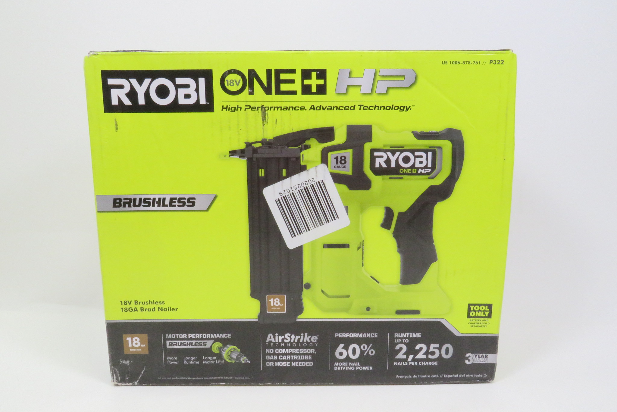 Ryobi P322 ONE+ HP 18V 18-Gauge Brushless Cordless AirStrike Brad Nailer