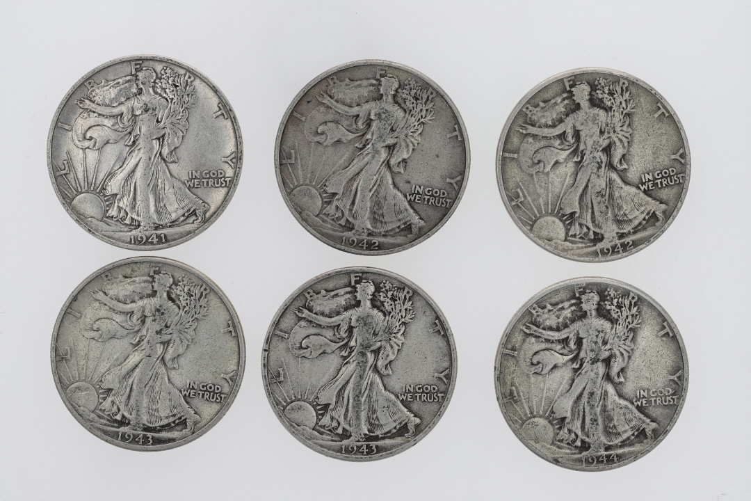 1941, 1942, 1943, 1944 Silver Walking Liberty Half Dollar Set of Six Coins