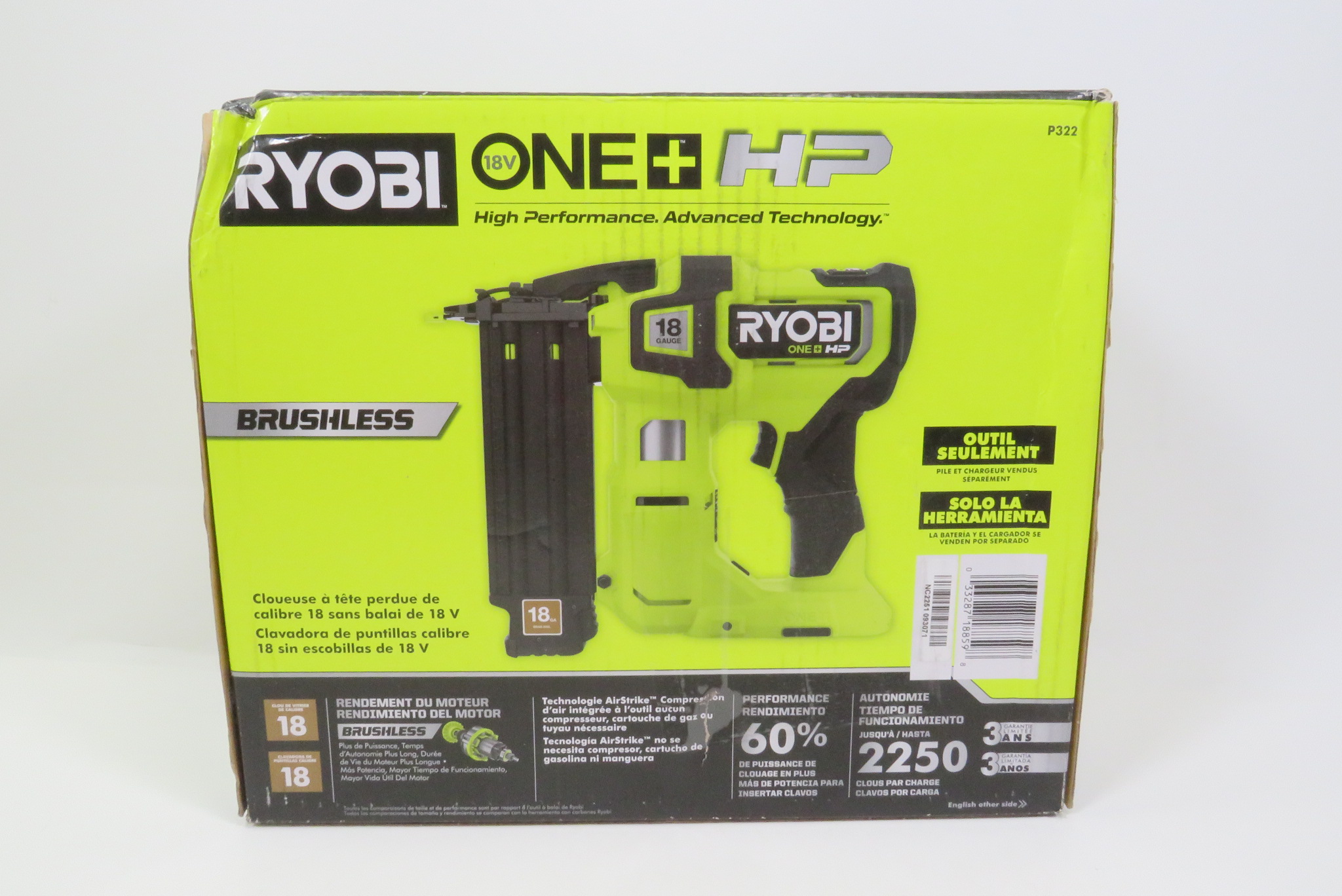 Ryobi P322 ONE+ HP 18V 18-Gauge Brushless Cordless AirStrike Brad Nailer