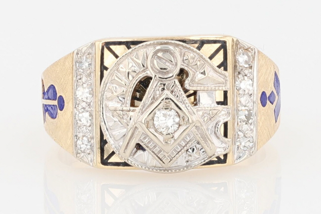 .22ctw Round Cut Diamond and Enamel Masonic Ring 10k Multi-Tone Gold ...