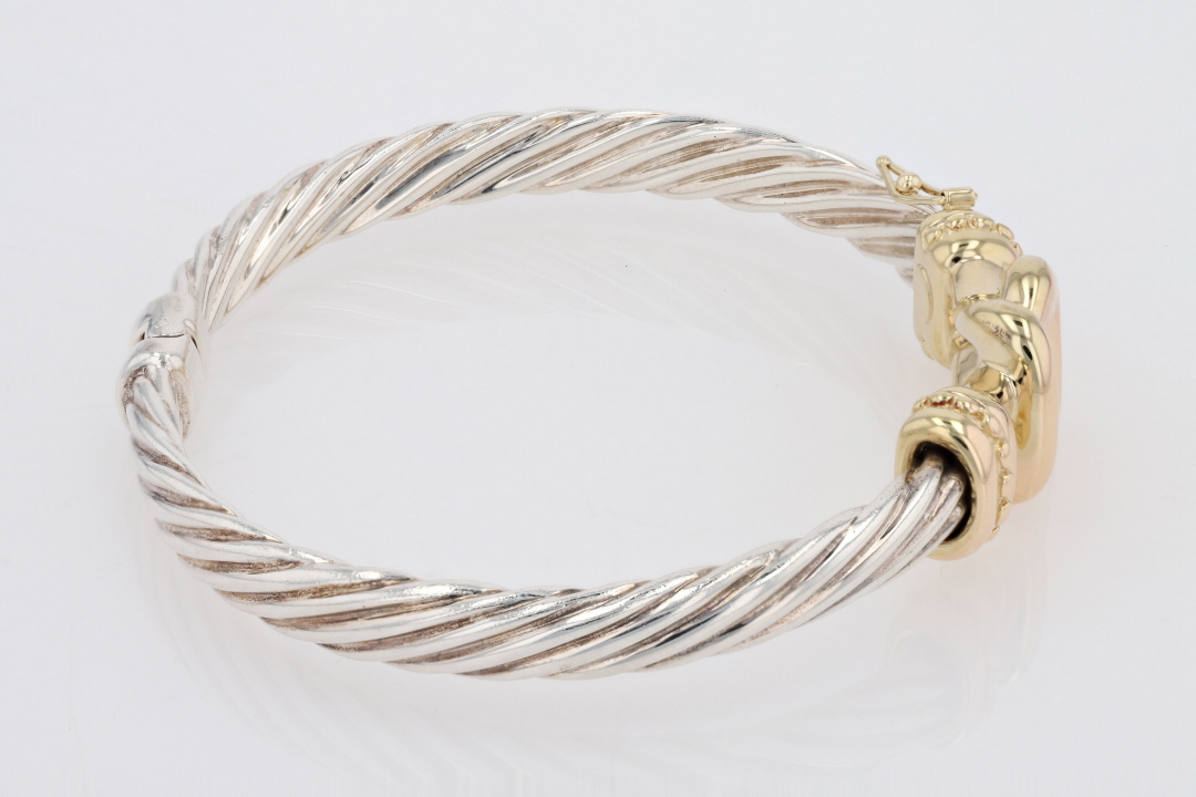 14.5mm Twisted Cable Bangle 7" Bracelet Sterling Silver and 14k Yellow Gold