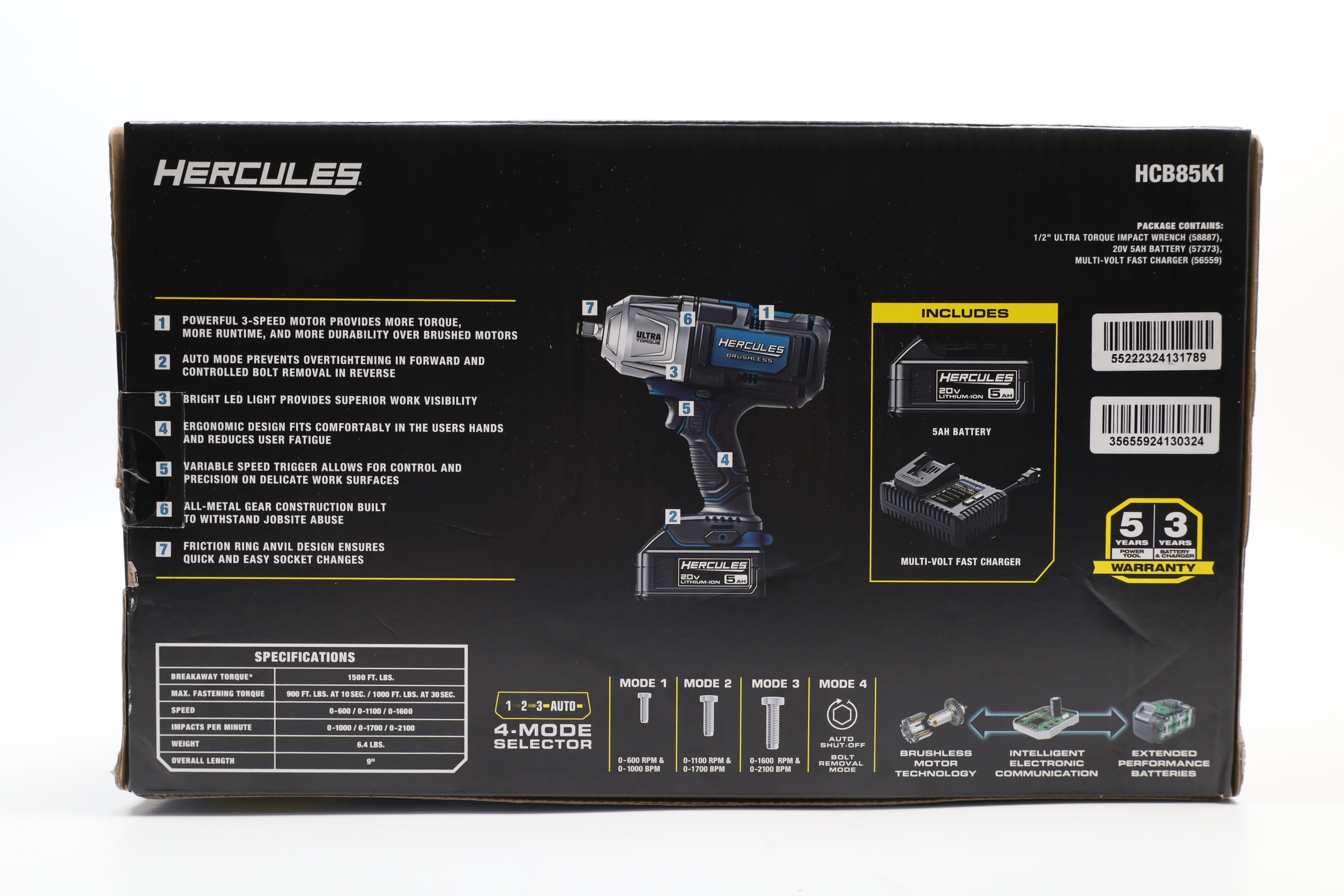 Hercules HCB85K1 20V Brushless 1/2" Ultra Torque Cordless Impact Wrench Kit