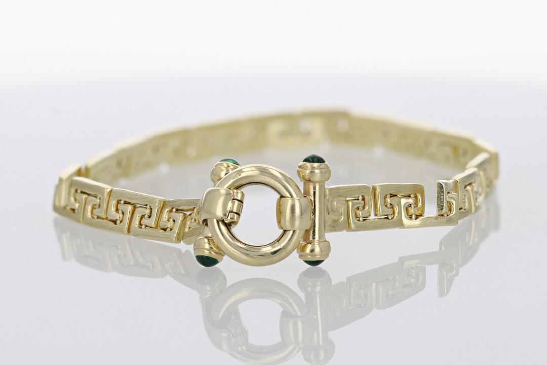 5.7mm Greek Key Link Chain w/ Green Glass Accents 7.25" Bracelet 14k ...