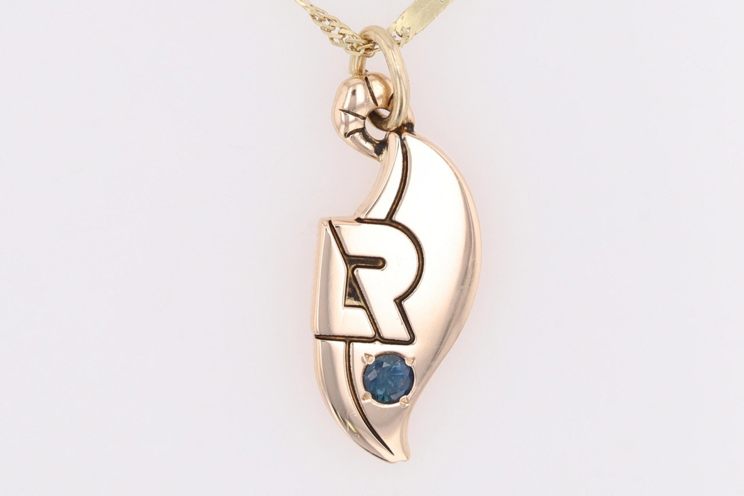 .07ct Round Cut Sapphire Letter "R" Pendant on 22" Necklace 10k Yellow Gold