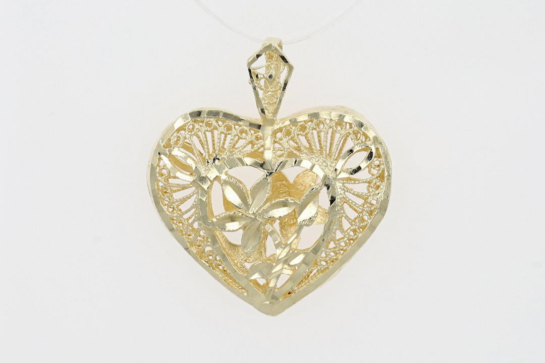 Diamond-Cut Filigree Heart Pendant without Chain 14k Yellow Gold 3.88 Grams
