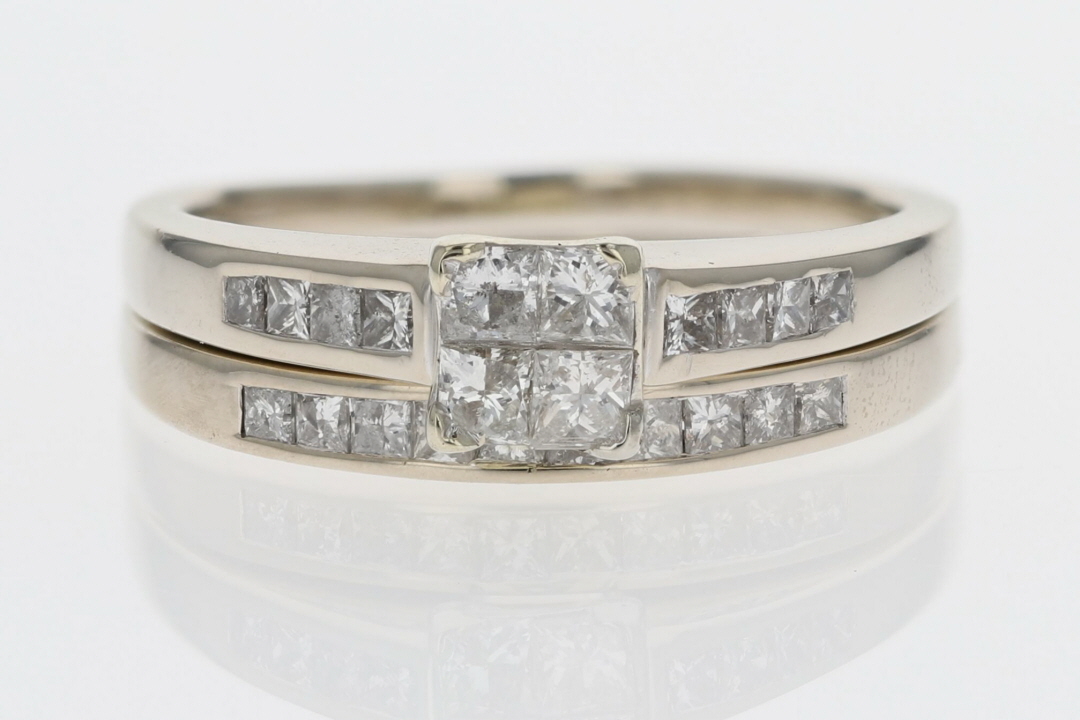 1.07ctw Princess Cut Diamond Cluster Wedding Set Rings 14k White Gold ...