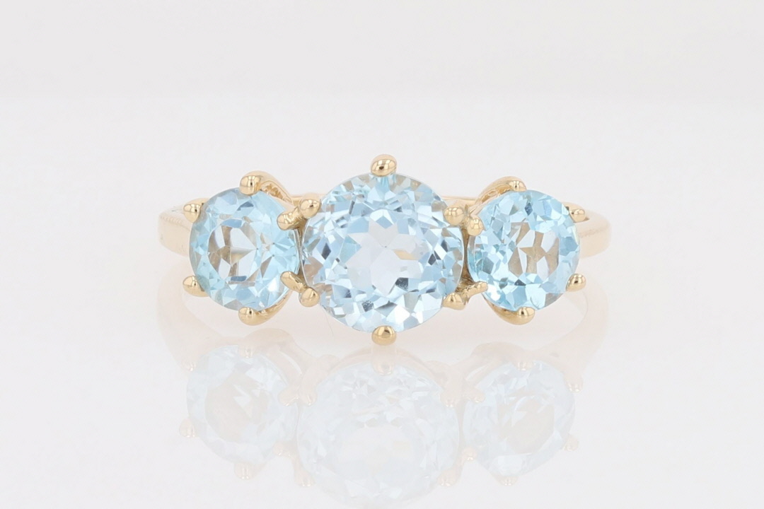 4.06ctw Round Blue Topaz Three-Stone Statement Ring 10k Yellow Gold ...
