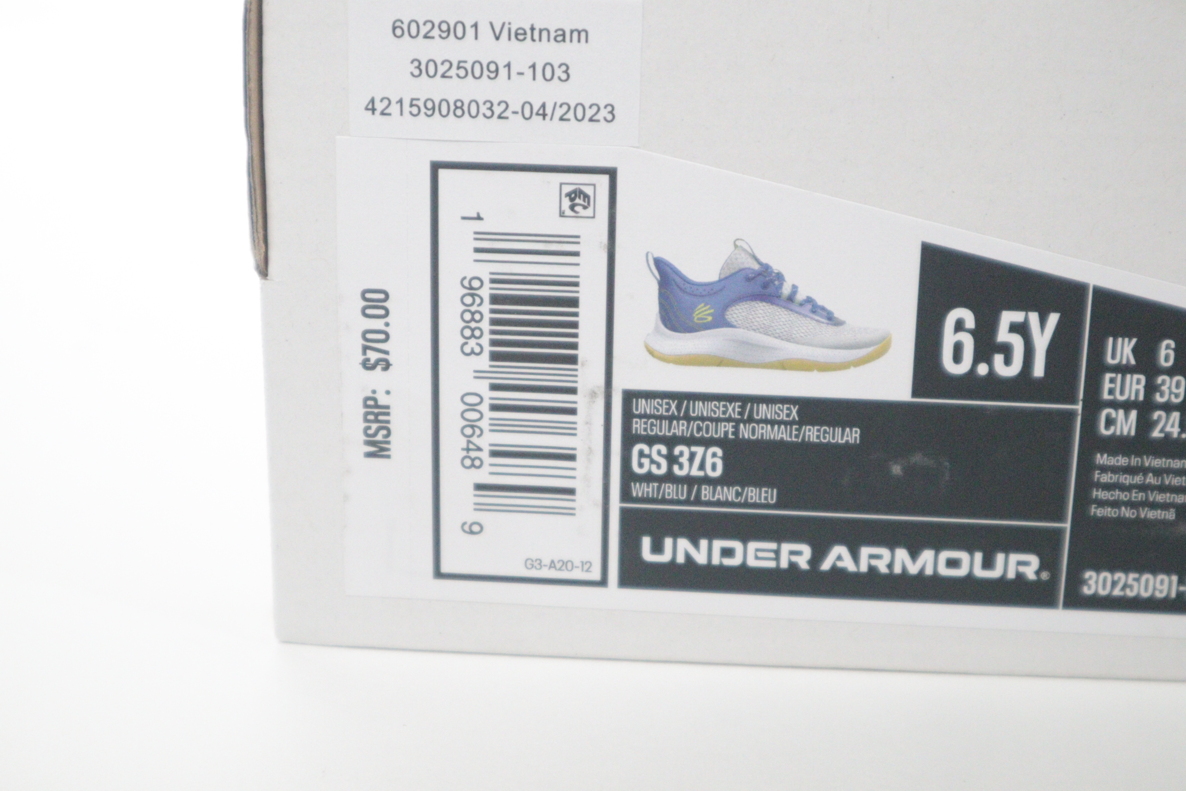 Under Armour Grade School Kids Curry GS 3Z6 White/Royal/Taxi Shoes Sz. 6.5Y 6489