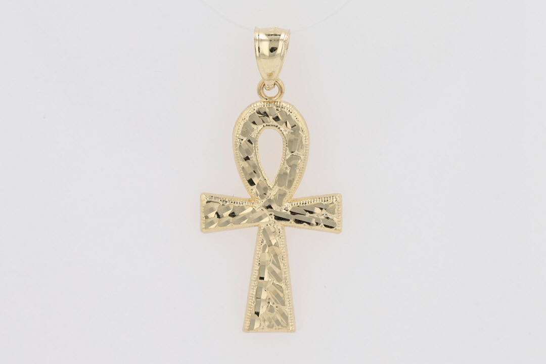 39mm Diamond Cut Religious Ankh Cross Pendant without Chain 10k Yellow Gold