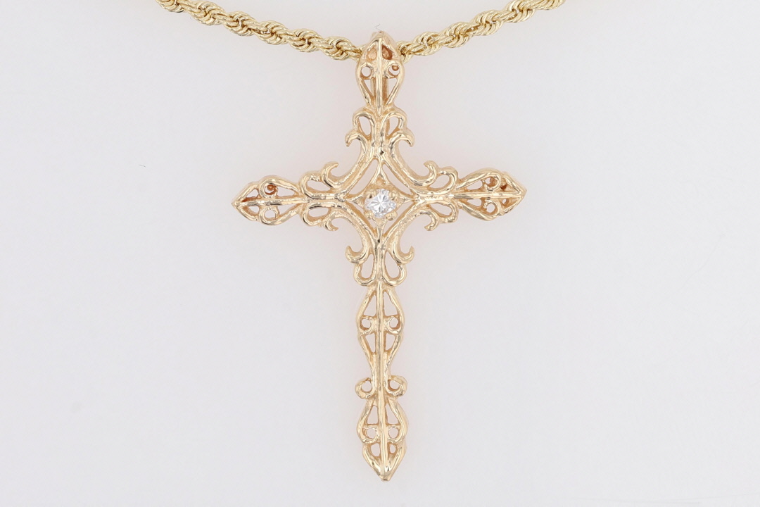 .03ct Round Diamond Religious Cross Pendant on 20.5" Necklace 14k ...