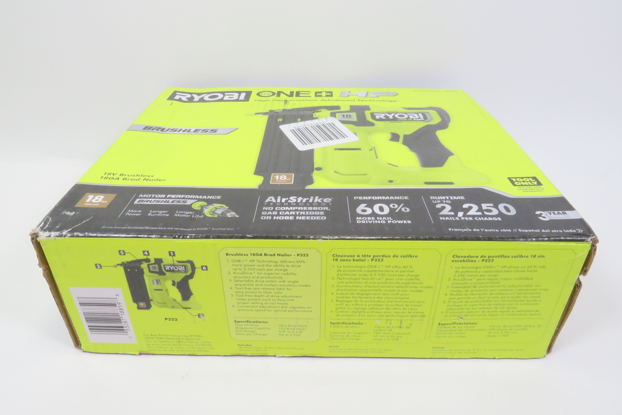 Ryobi P322 ONE+ HP 18V 18-Gauge Brushless Cordless AirStrike Brad Nailer