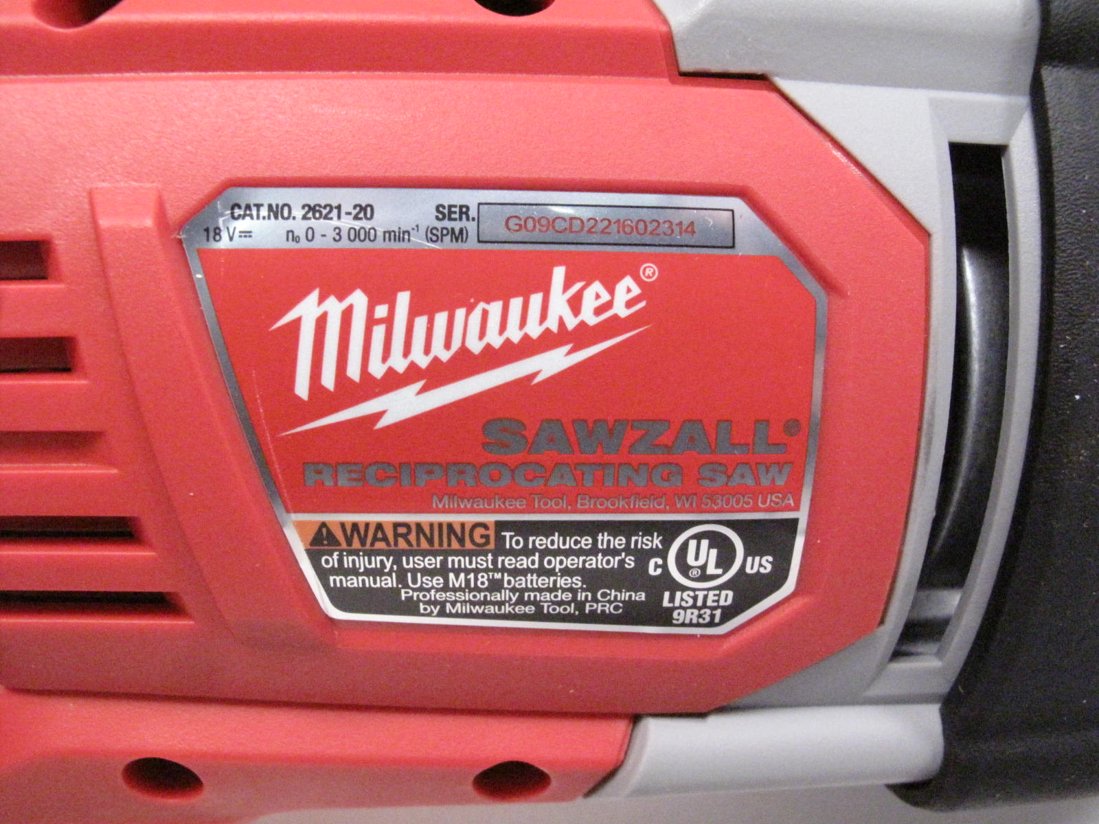 Milwaukee 2621-20 Sawzall Cordless Reciprocating Saw 18V Tool Only
