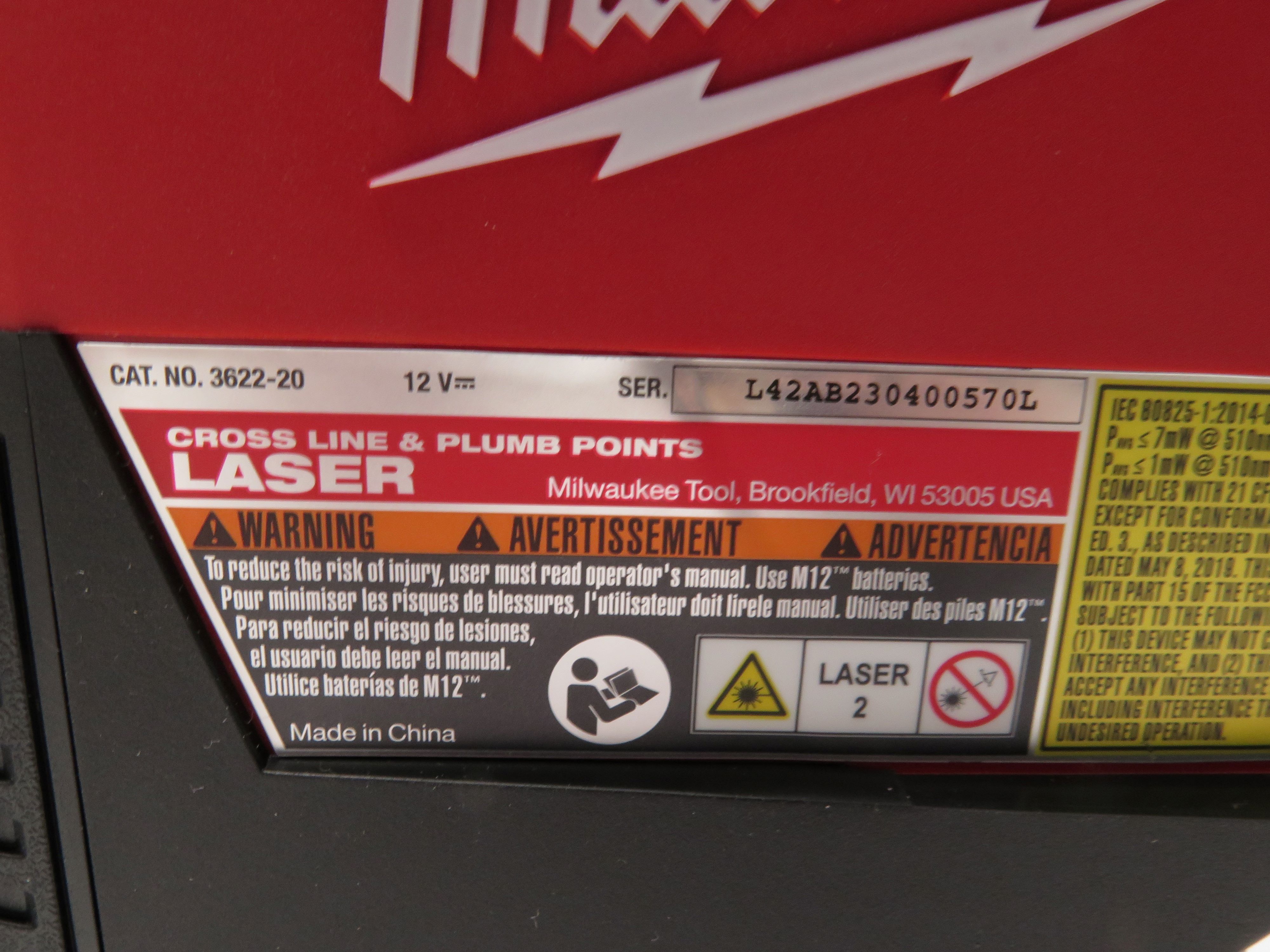 Milwaukee 3622-20 12V Green 125ft Cross Line and Plumb Points Laser ...