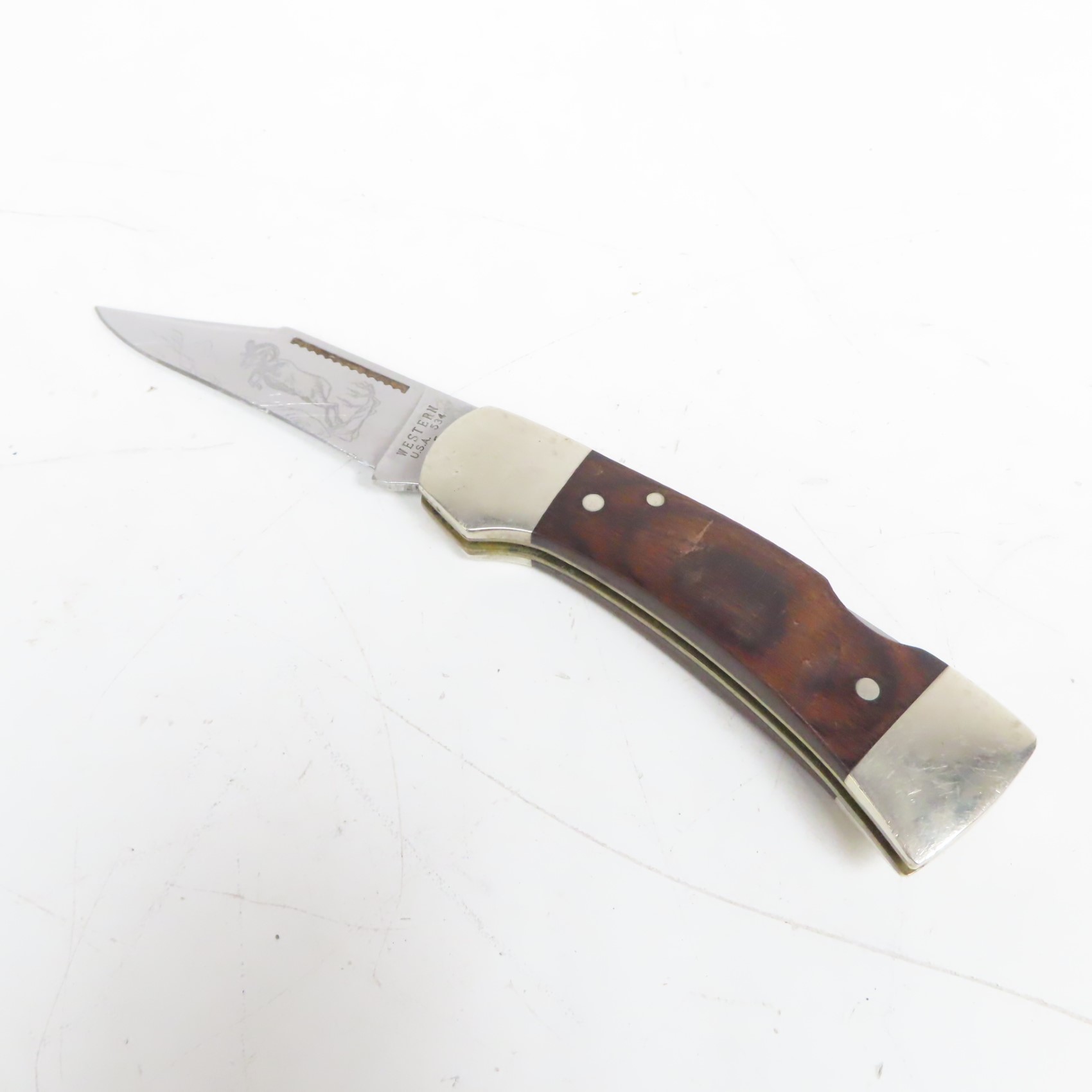 Western Cutlery S-534 D Westlock Lockback Folding Blade Knife - Etched Ram
